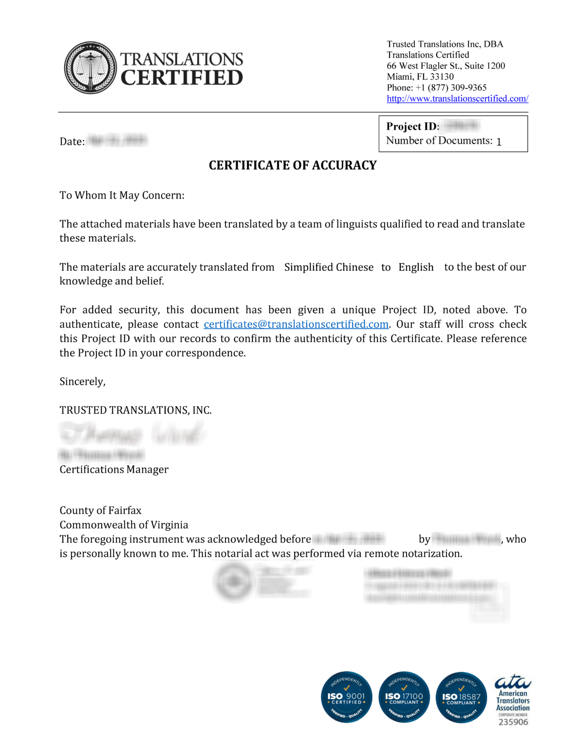 Certificate of Accuracy - Translations Certified